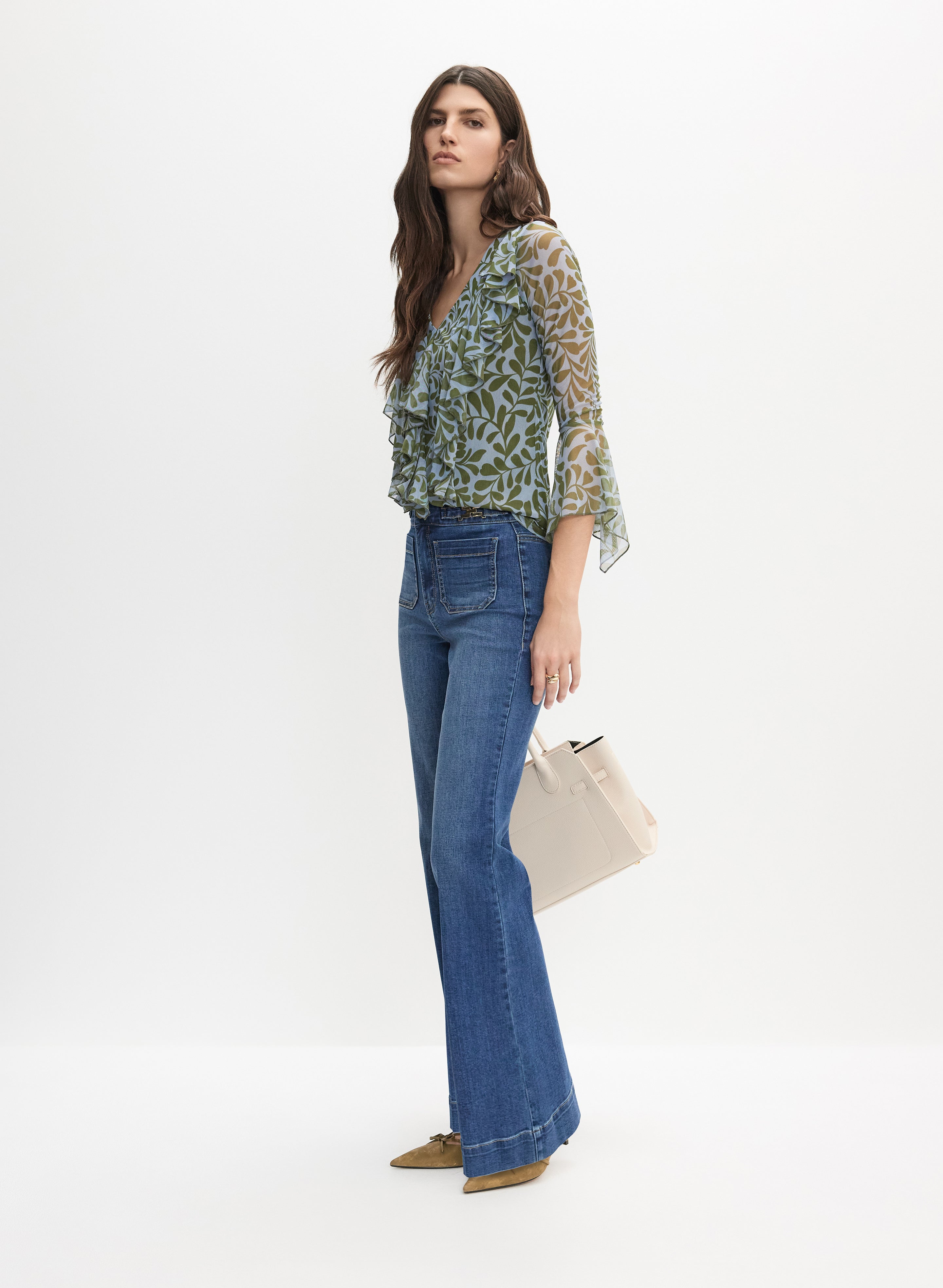 Vine Print Ruffle Front Blouse