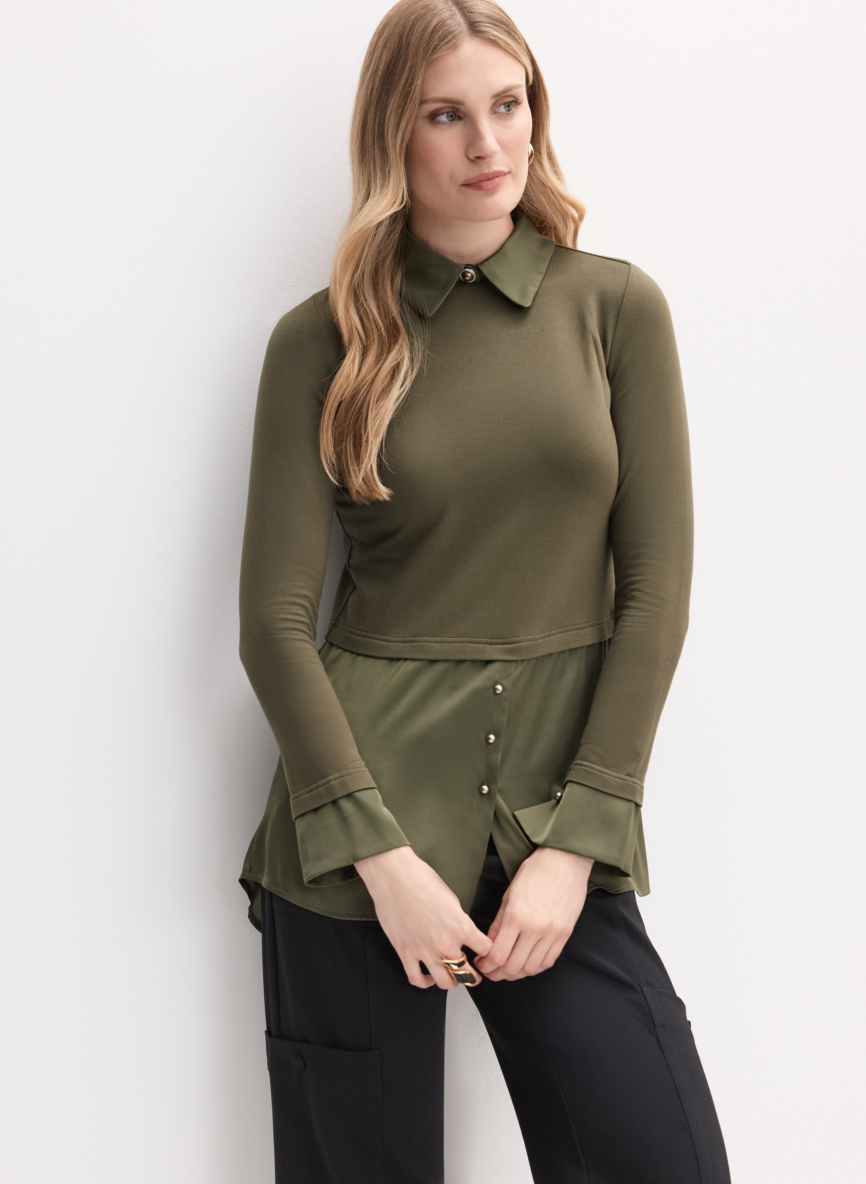 Satin Collar Long Sleeve Fooler Top