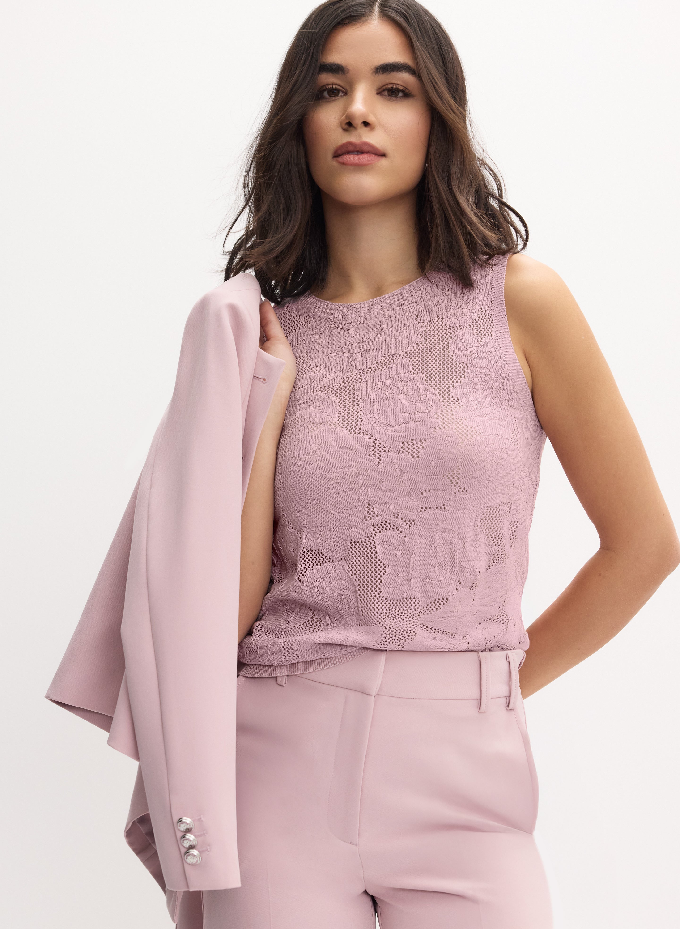 Sleeveless Open-Knit Rose Sweater