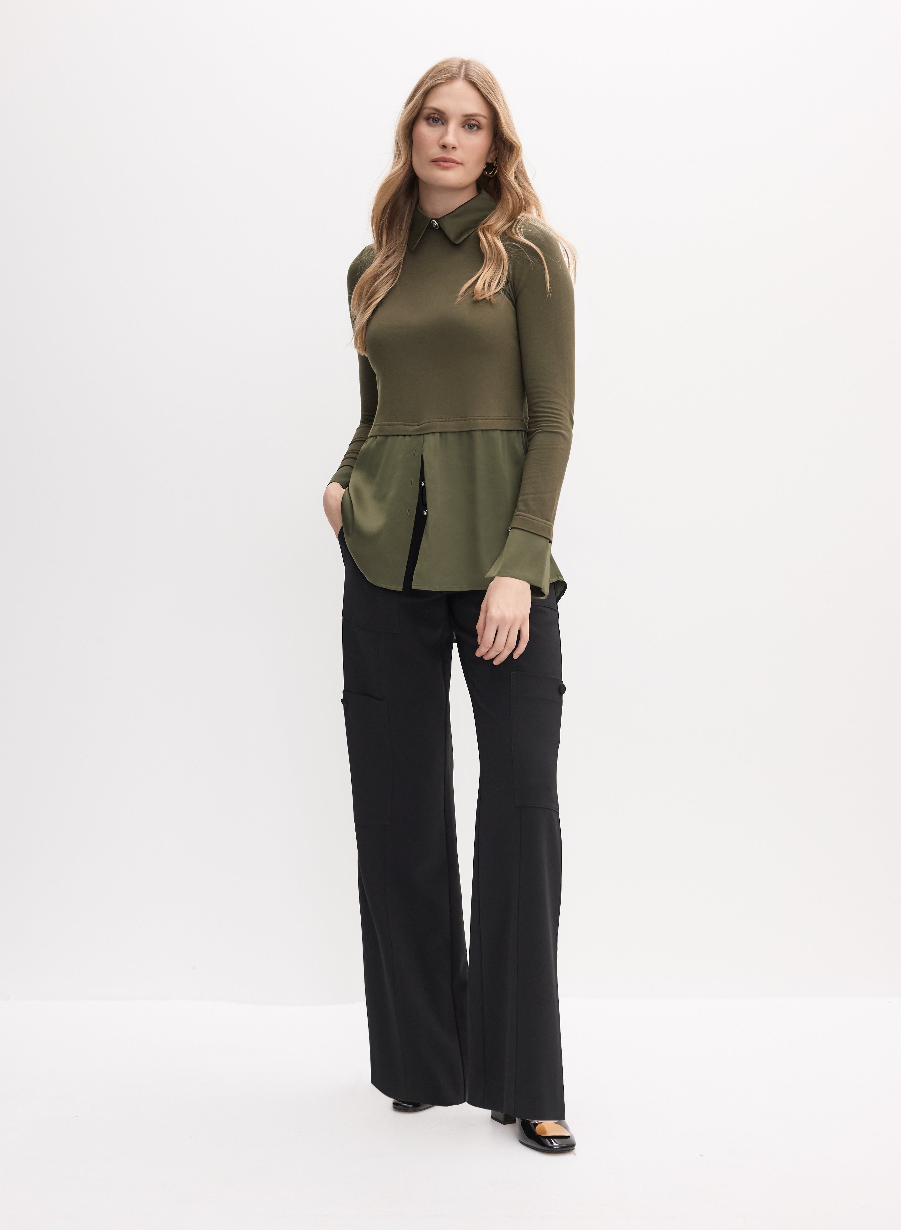 Satin Collar Long Sleeve Fooler Top