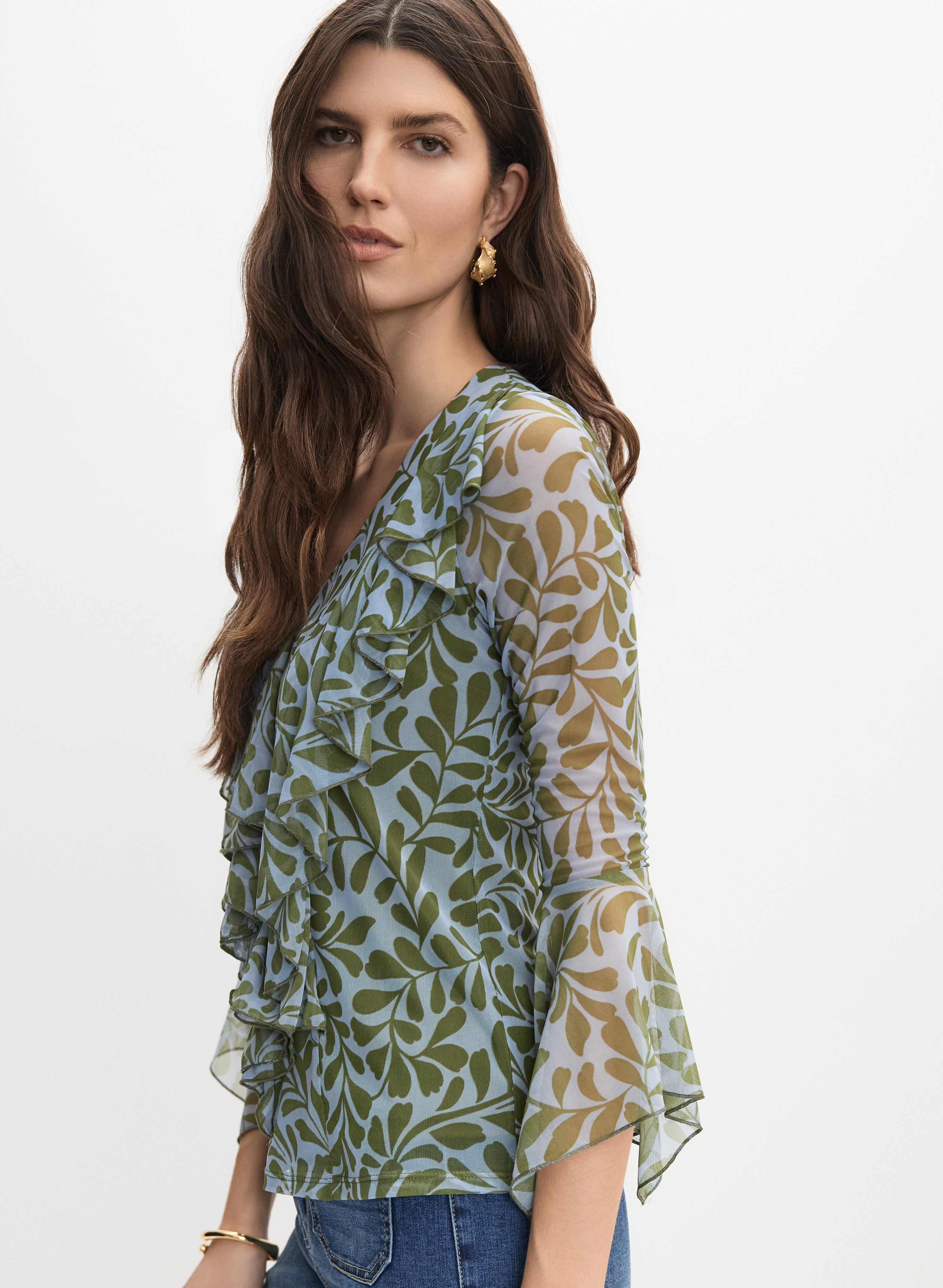 Vine Print Ruffle Front Blouse